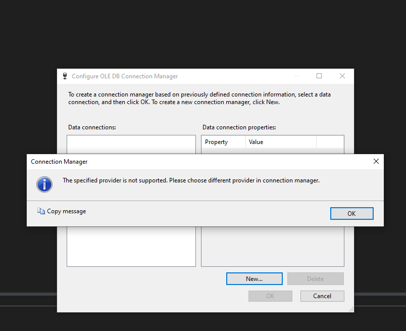 The specified provider is not supported. Please choose different provider in connection manager ...